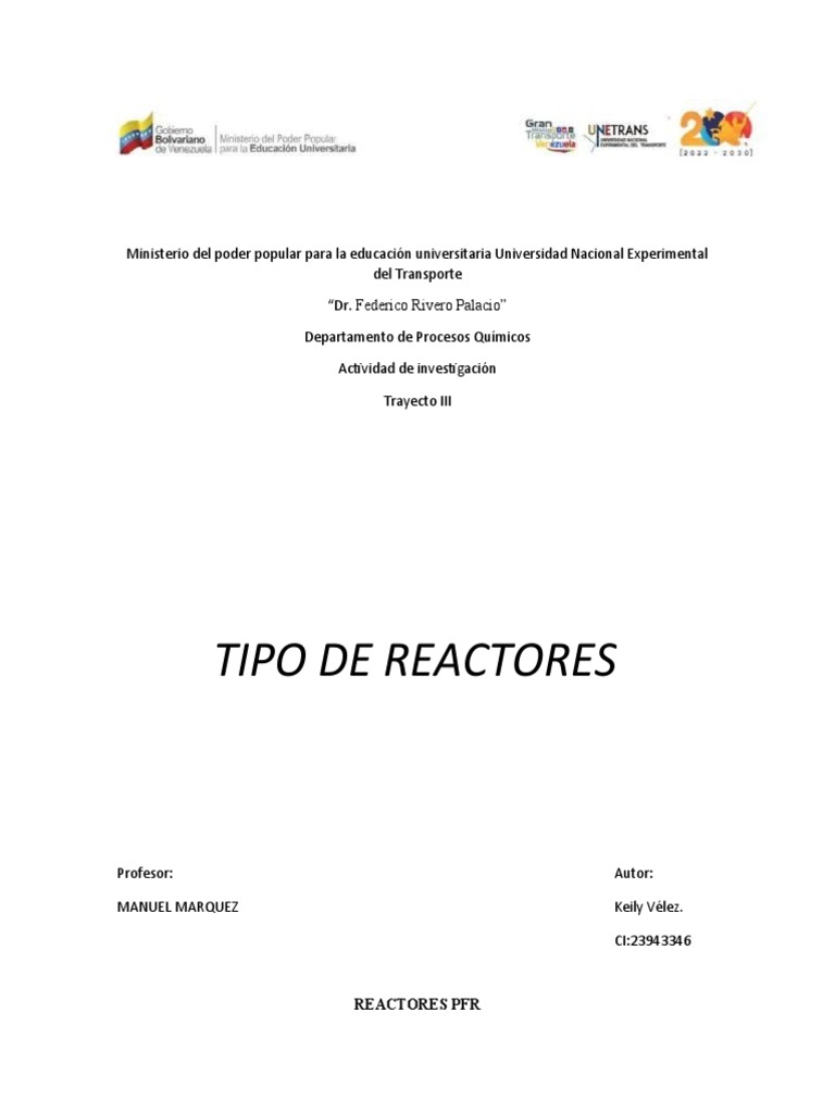 Correcion Proyecto Tipo de Reactores | PDF | Reactor Quimico | Velocidad de reacción