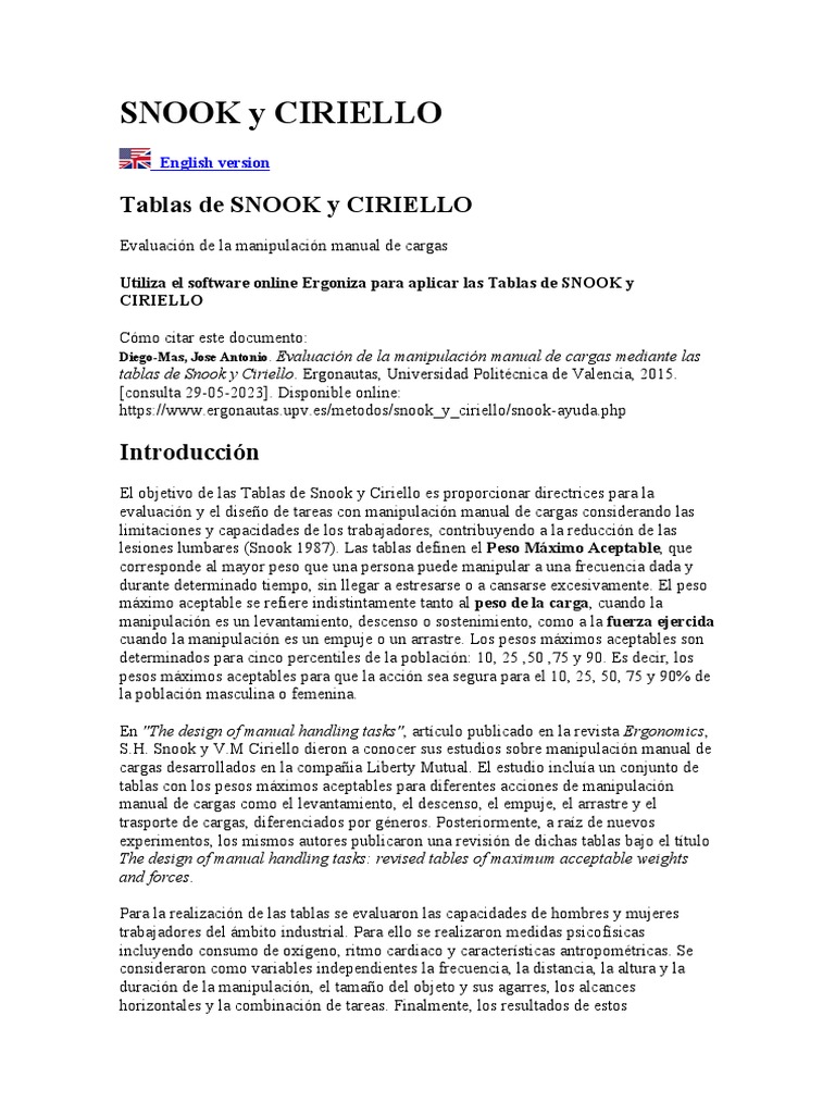 Tablas de Snook y Ciriello para Cargas | PDF