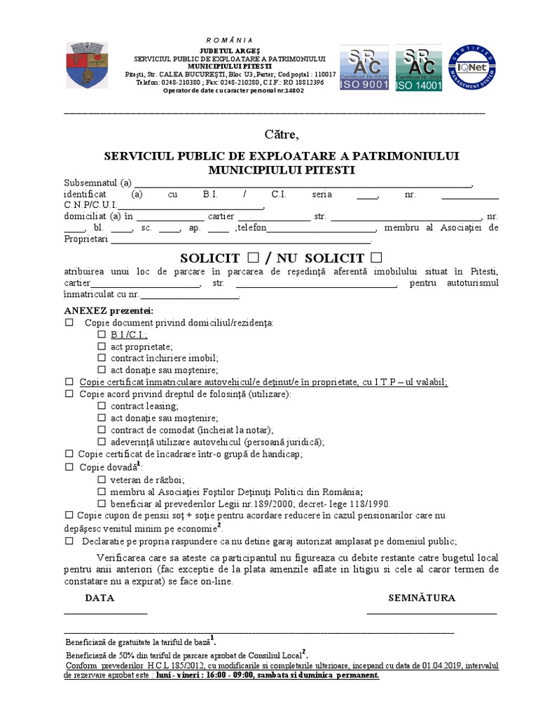 Cerere Tip Parcare Resedinta | PDF