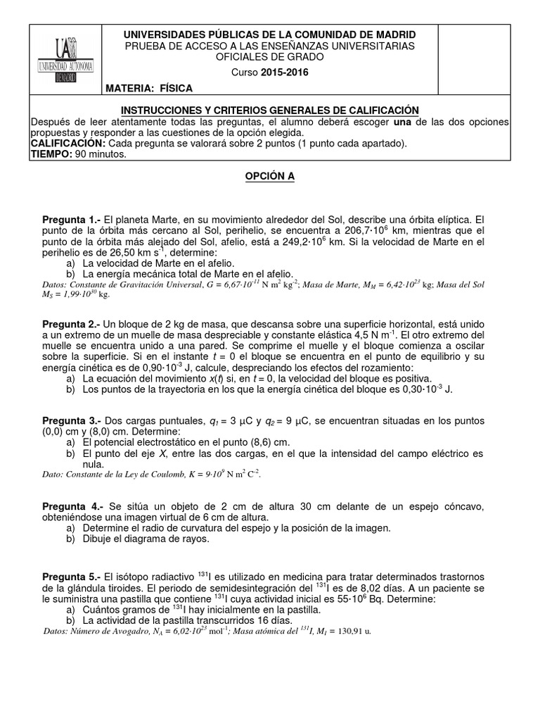 Ebau Madrid Física 2016 Junio Opción A | PDF | Orbita | Masa