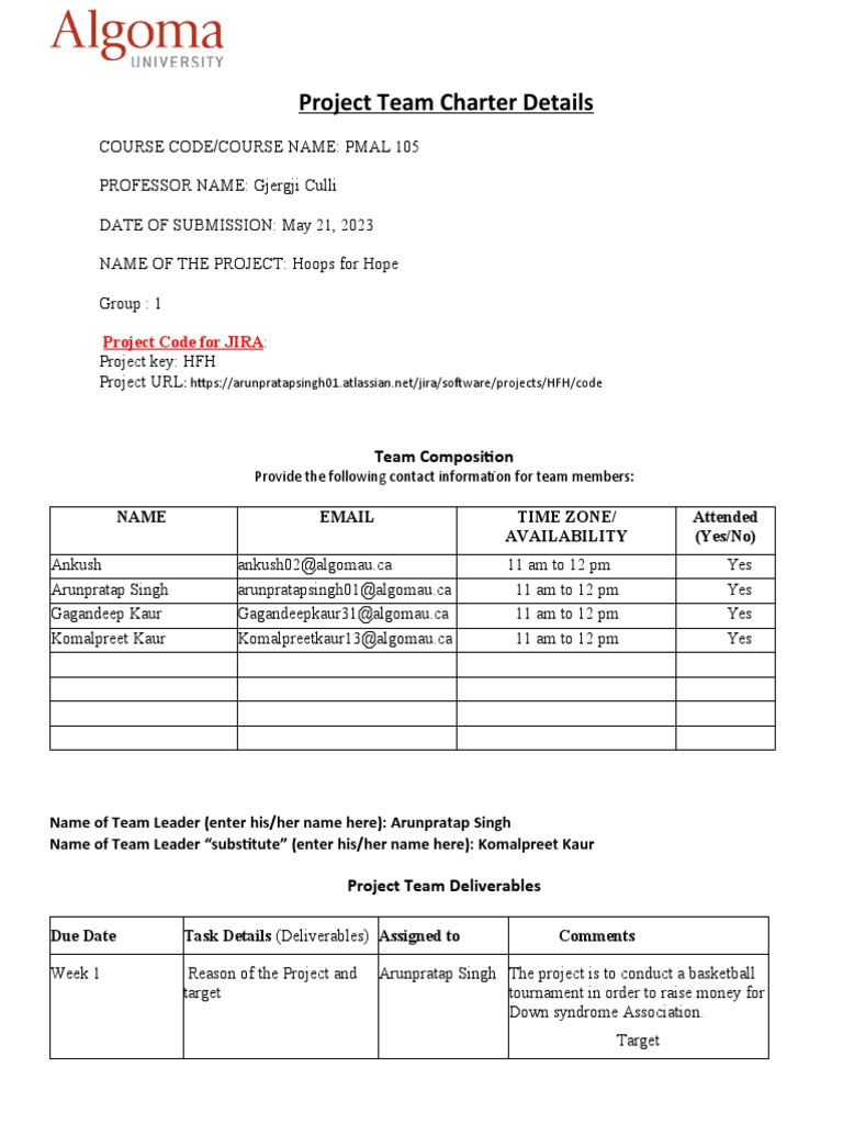 PMAL105 Project Team Charter Template | PDF | Communication