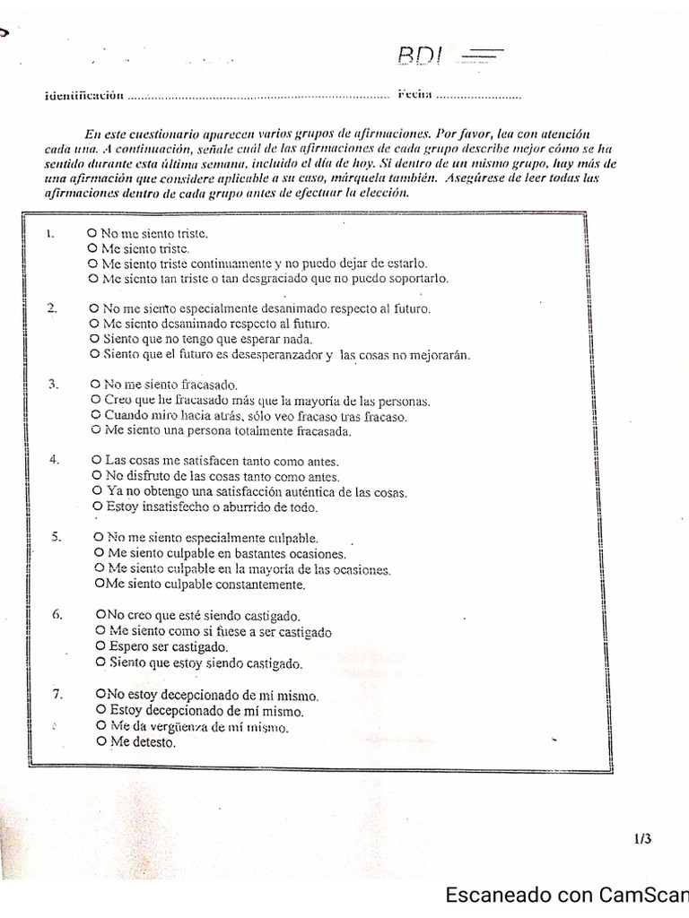 BDI y Escala de Evaluacion. | PDF