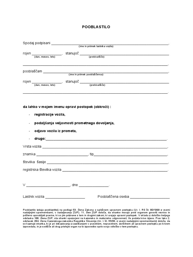 Pooblastilo Za Registracijo | PDF