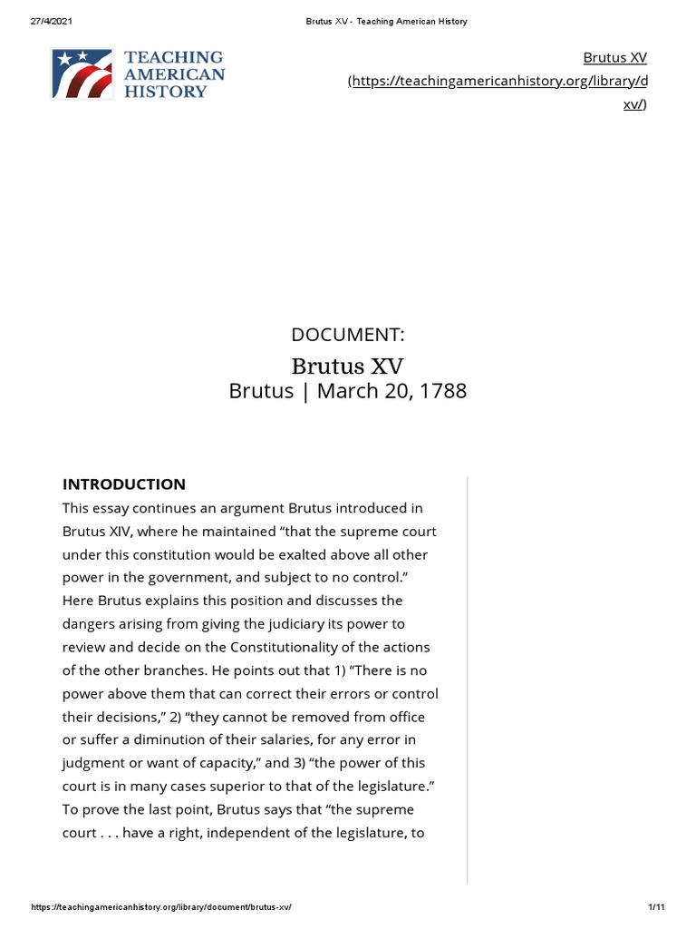 Brutus XV - Anti Federalist Papers | PDF