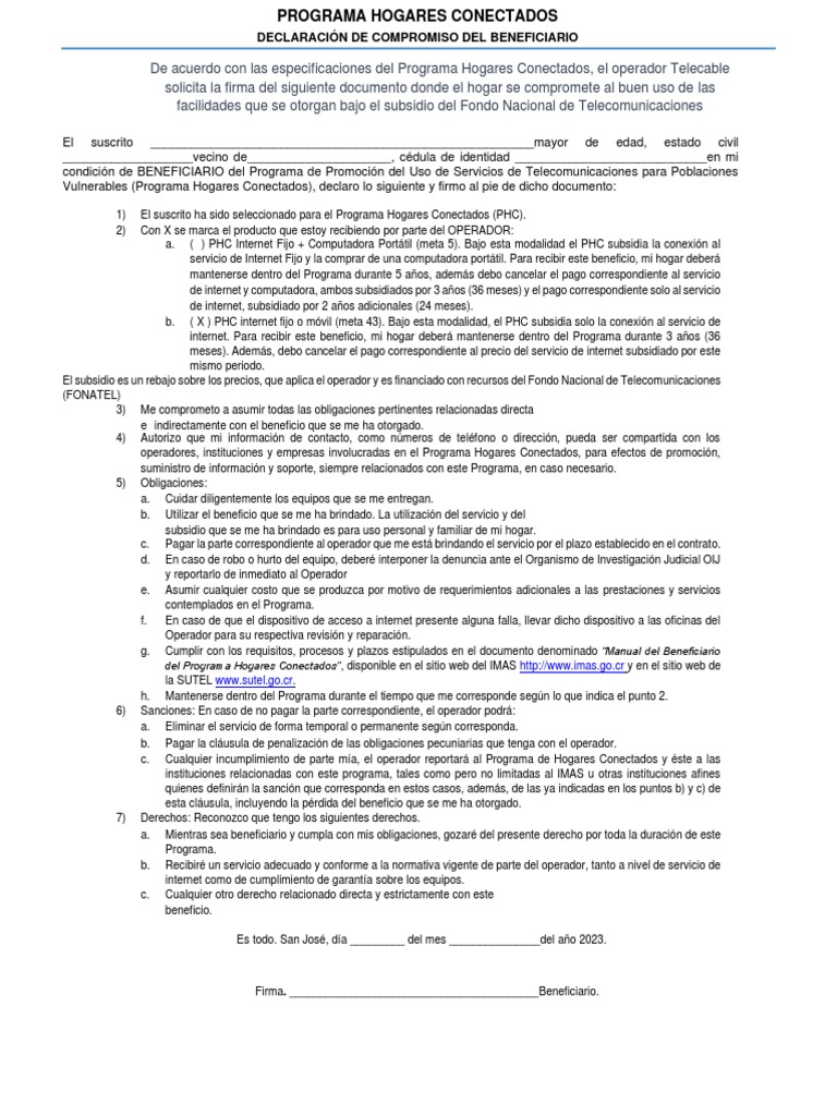 Declaracion de Compromiso Programa Hogares Conectados 2023 PDF | PDF | Internet
