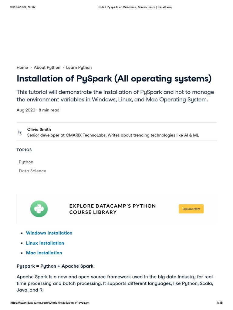 Install Pyspark On Windows Mac And Linux Datacamp 1 Pdf Apache Spark Java Programming 