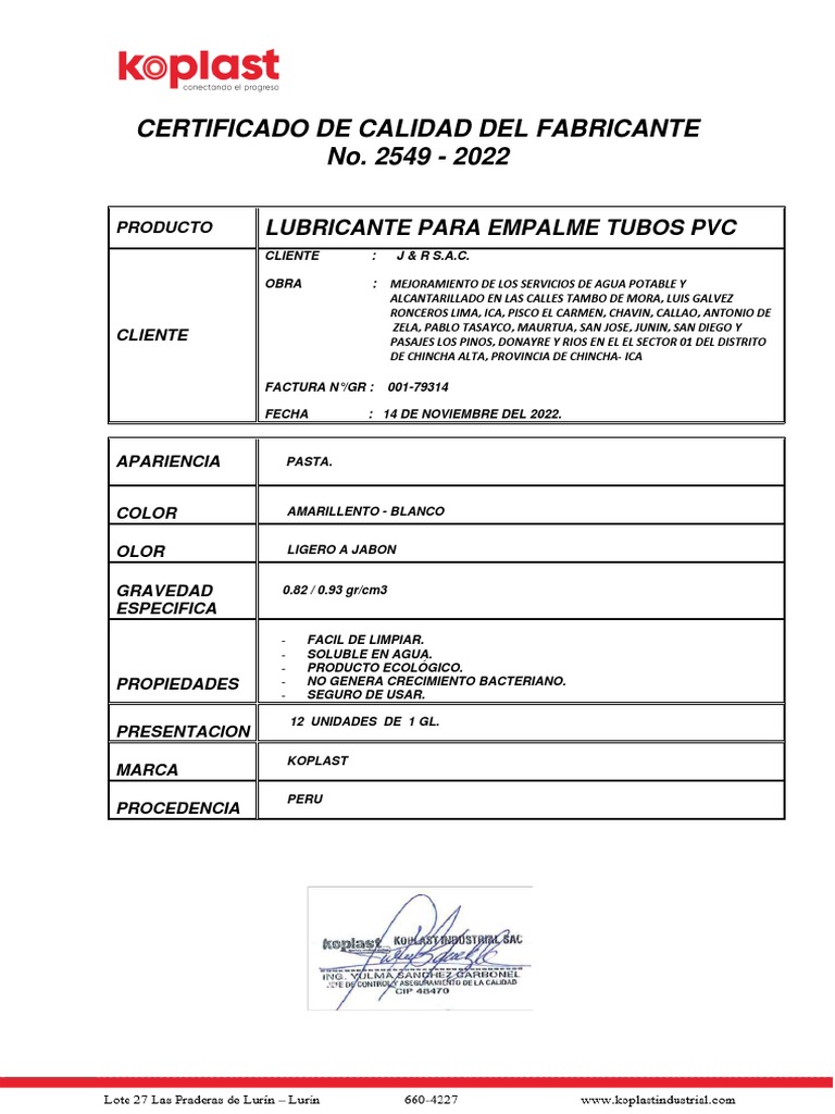 N° 2549 - 2022 LUBRICANTE PARA TUBOS DE PVC 1 GALON (M) | PDF