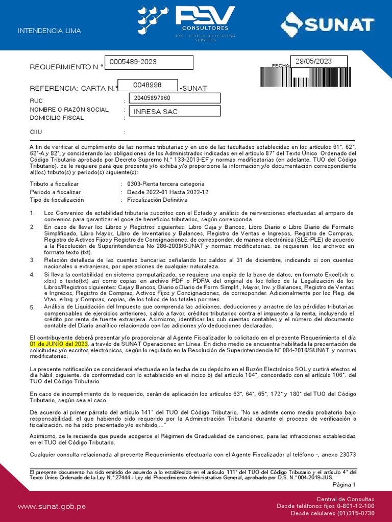 Fiscalizacion Definitiva Sunat 2022 en 2023 Nva Fecha Prorroga | PDF