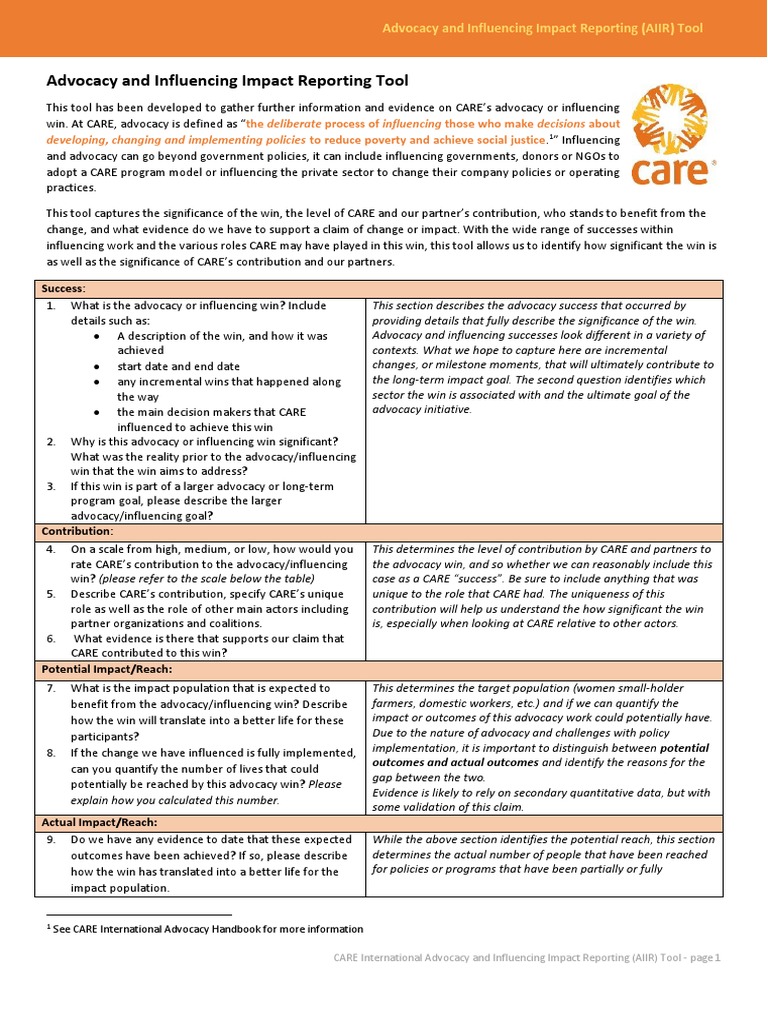 (MANUAL) CARE. Advocacy Influencing and Impact Reporting Tool | PDF ...