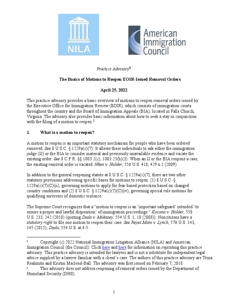 The Basics of Motions To Reopen Eoir-Issued Removal Orders Practice ...