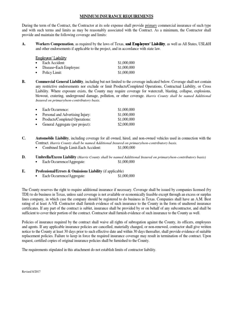 Harris County Minimum Insurance Requirements - 1438493364 | PDF ...