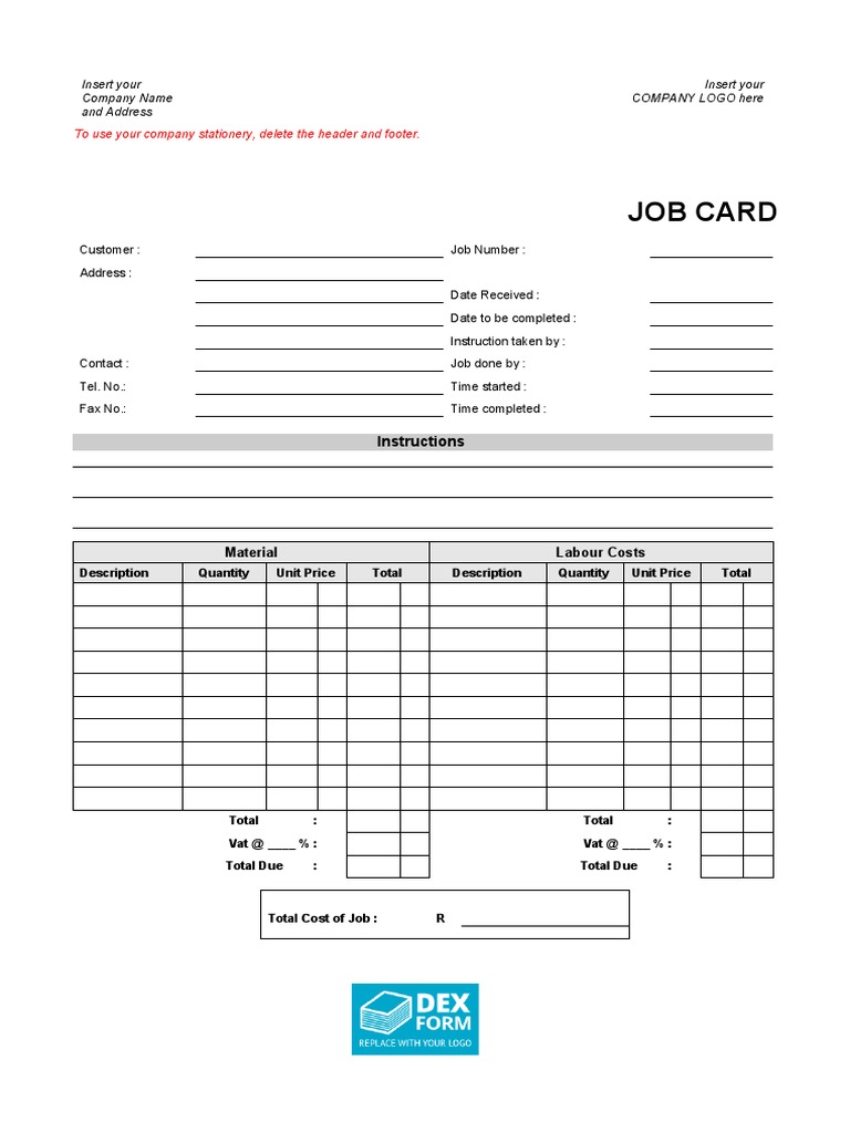Job Card Template 237d | PDF