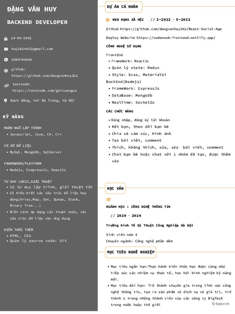 CV Đặng Văn Huy - Backend - Nodejs | PDF