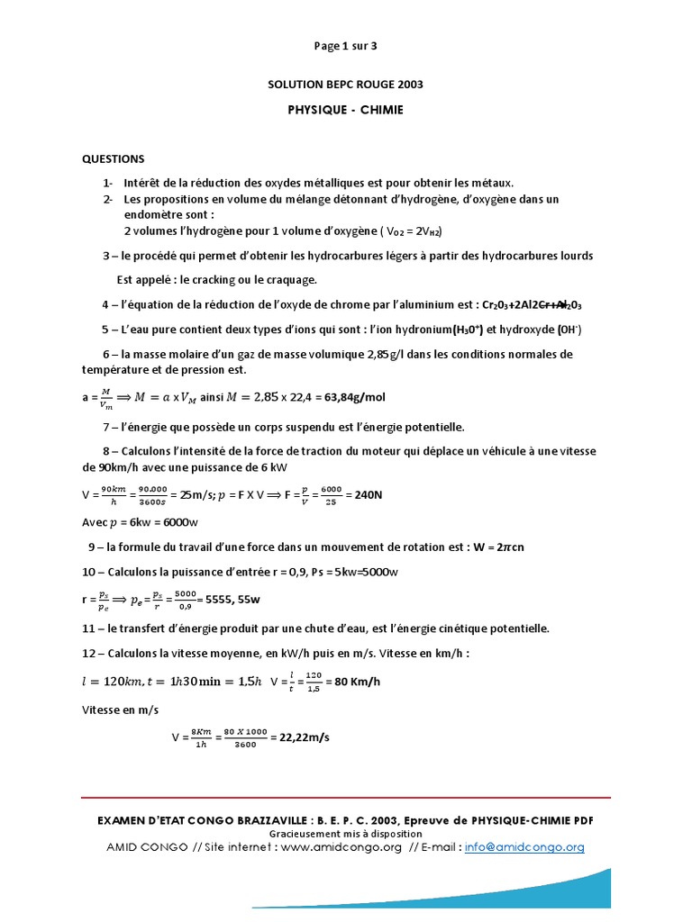 Corrigé BEPC ROUGE Physique Chimie 2003 | PDF