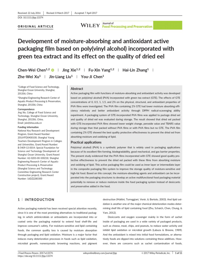 Development of Moisture‐ Absorbing and Antioxidant Active Packaging ...