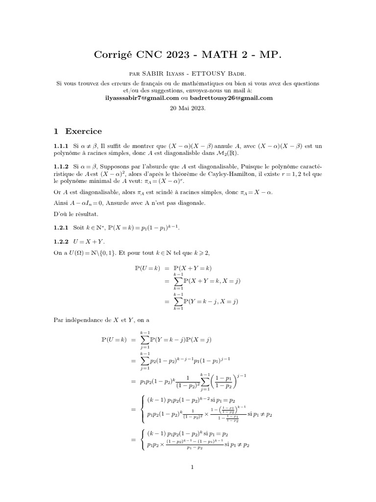 Corrigé CNC 2023 MP Math2 | PDF