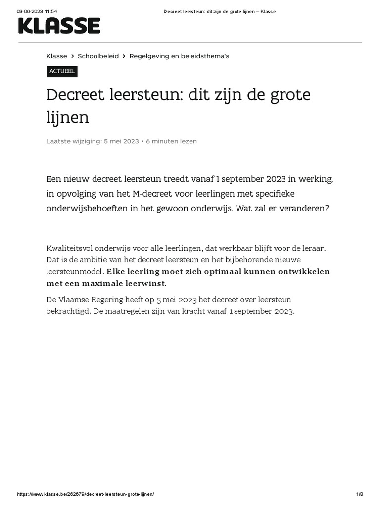Decreet Leersteun - Dit Zijn de Grote Lijnen - Klasse | PDF