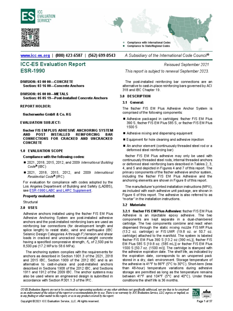 ICC ES Evaluation Report ESR 1990 | PDF