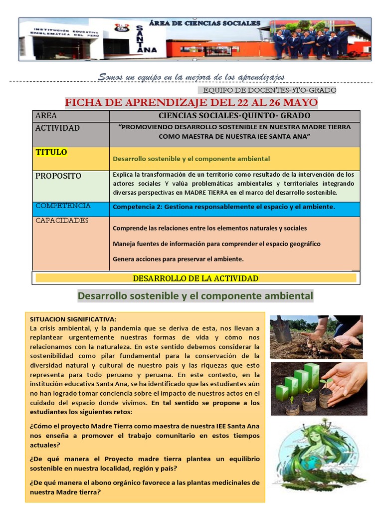 Ficha de Aprendizaje 09 - 5to Grado Del 22 Al 26 Mayo | PDF | Sustentabilidad | Desarrollo ...