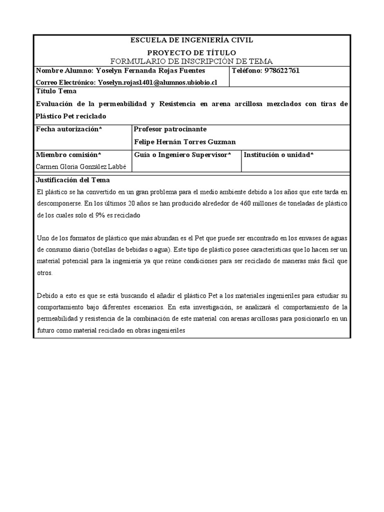 Formulario Inscripción Proyecto de Título YOSELYN ROJAS-2 | PDF | El ...