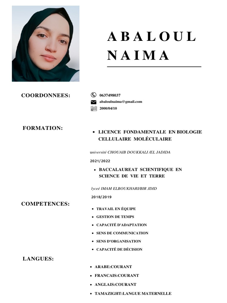 CV Naima Abaloul: Compétences et Formation en Biologie | PDF