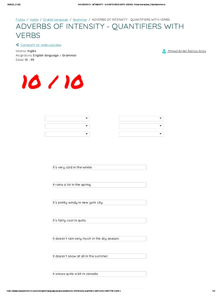 ADVERBS OF INTENSITY - QUANTIFIERS WITH VERBS. Ficha Interactiva ...