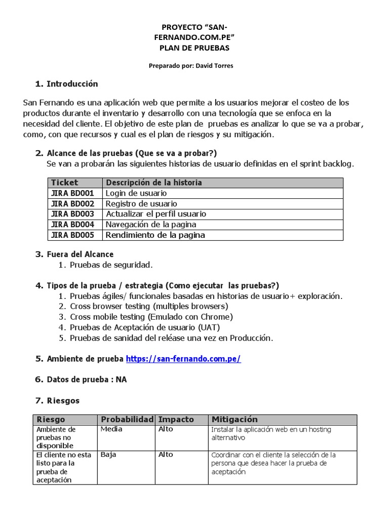 Plan de Pruebas | PDF