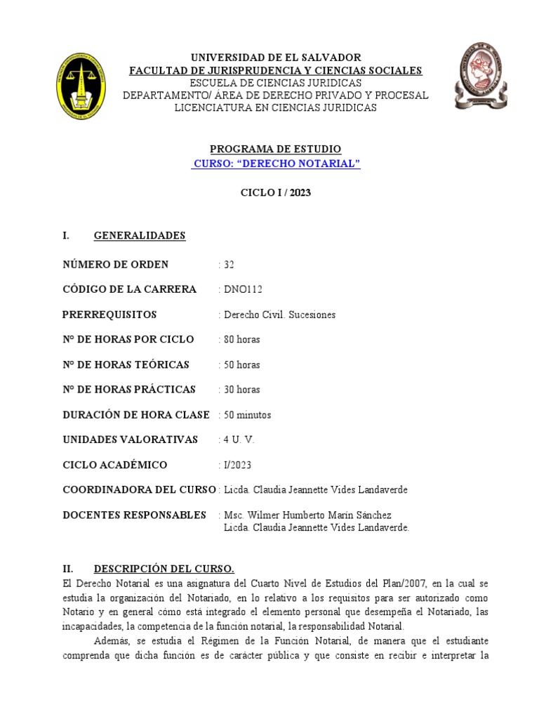 Programa Del Curso de Derecho Notarial 2023.1 | PDF