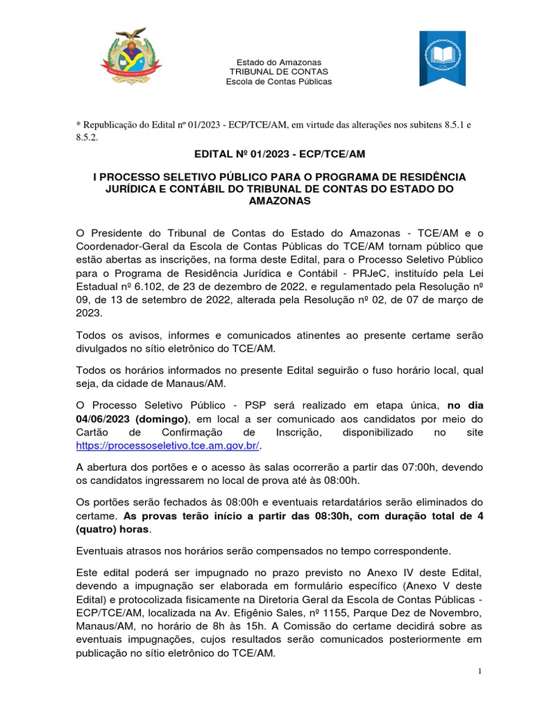 Edital PSP No 01 2023 Ecp Tce Am Prjec Retificado Doe | PDF