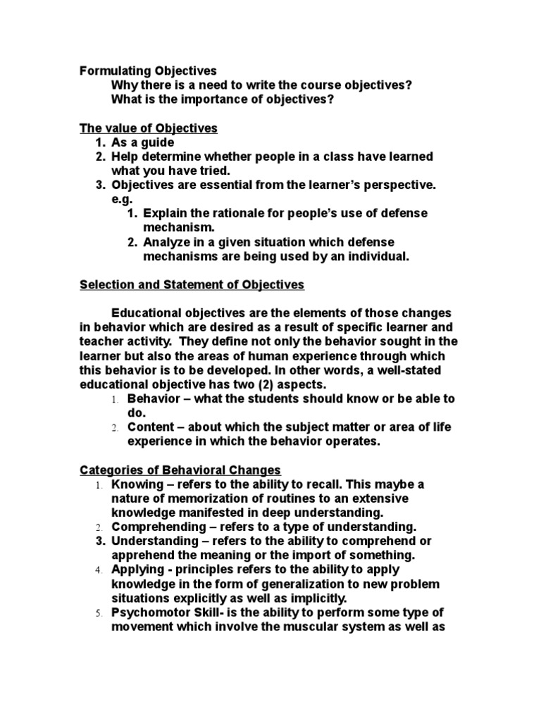 Guidelines On Formulating Objectives | PDF