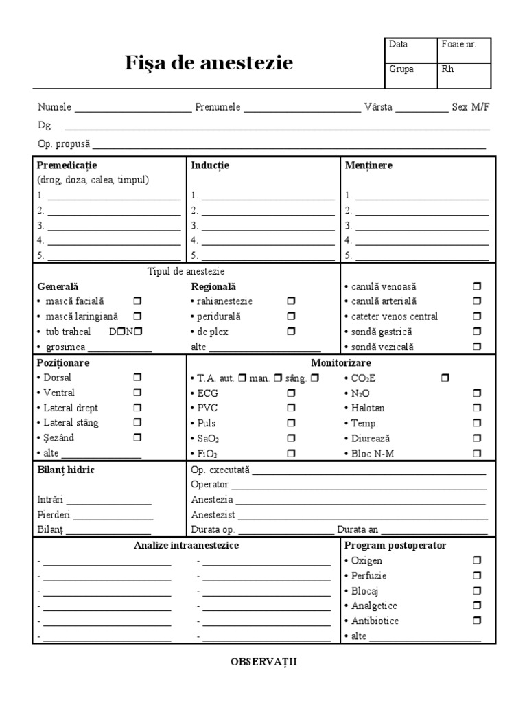 Fişa de Anestezie | PDF