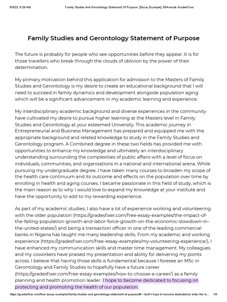 Family Studies and Gerontology Statement of Purpose | PDF
