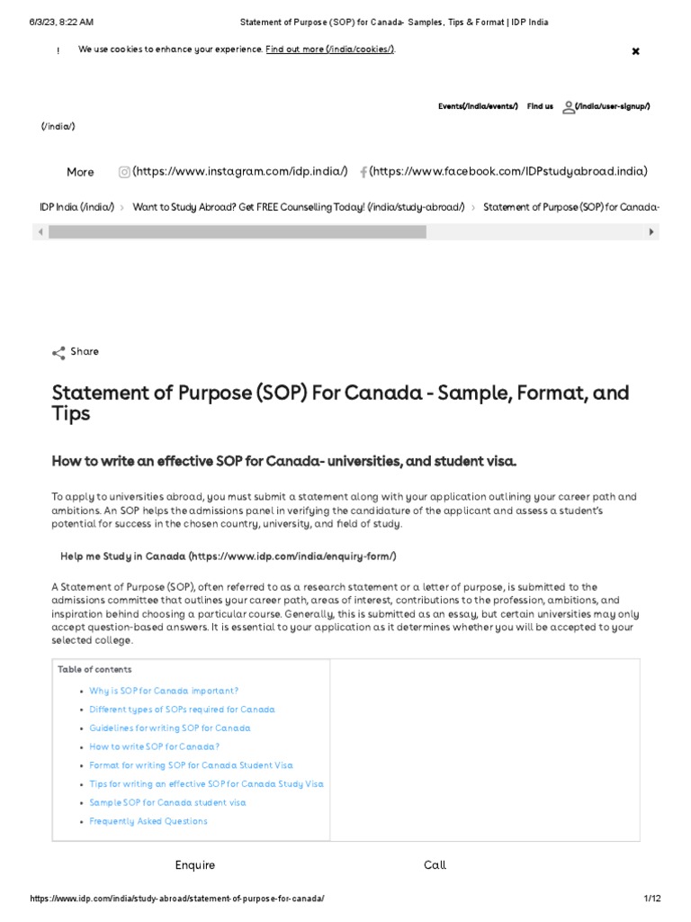 Statement of Purpose (SOP) For Canada - Samples, Tips & Format - IDP India | PDF