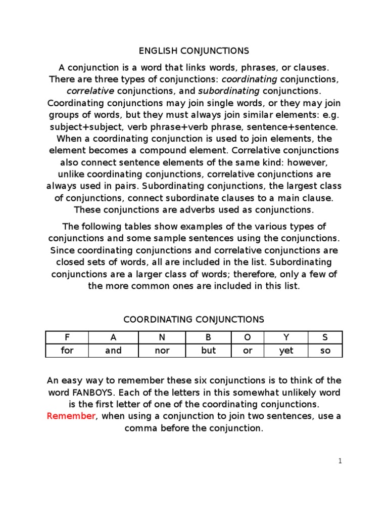 Coordinating Correlative Conjunctions, and Subordinating: Remember | PDF | Sentence (Linguistics ...