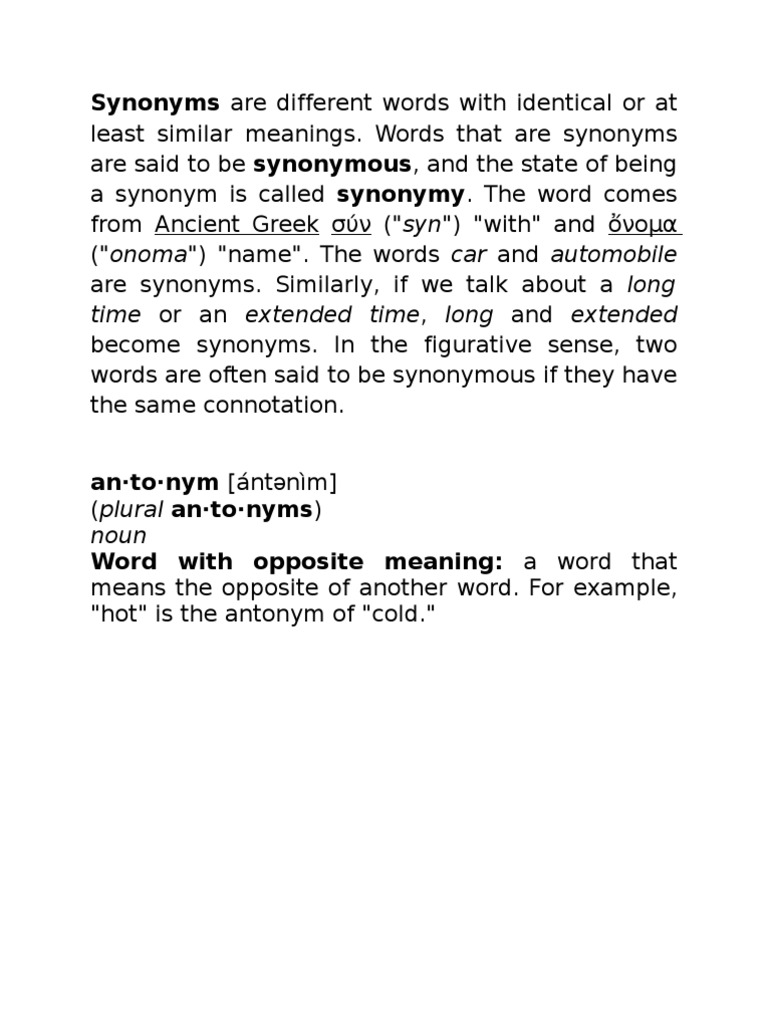 Synonyms and Antonyms Definition | PDF