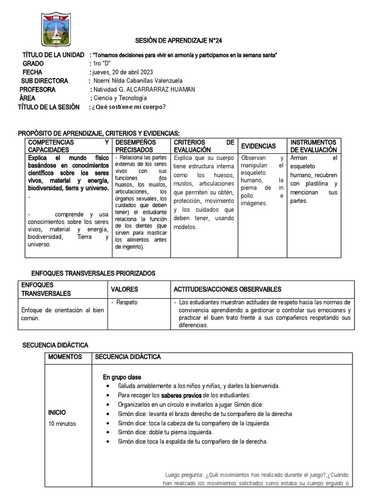 Sesión de Aprendizaje N 24 Que Sostiene Mi Cuerpo Cyt | PDF