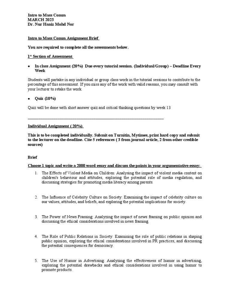 Intro To Mass Comm Assignment Brief - MARCH 2023 | PDF | Mass Media ...