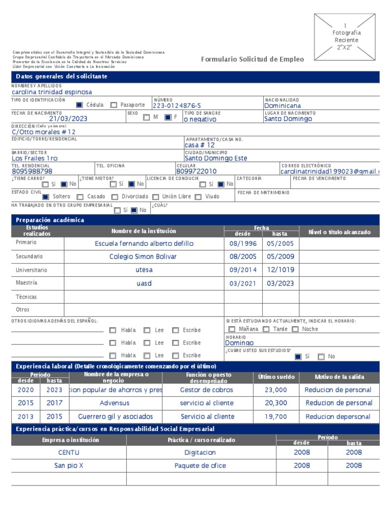 Formulario Solicitud de Empleo Especial Universal | PDF
