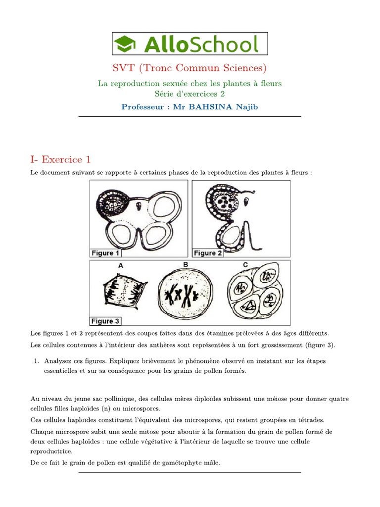La Reproduction Sexuee Chez Les Plantes A Fleurs Serie D Exercices 2 2 ...
