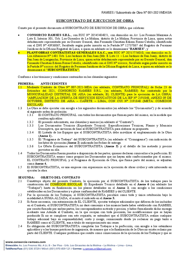 FORMATO - Subcontrato de Obra | PDF