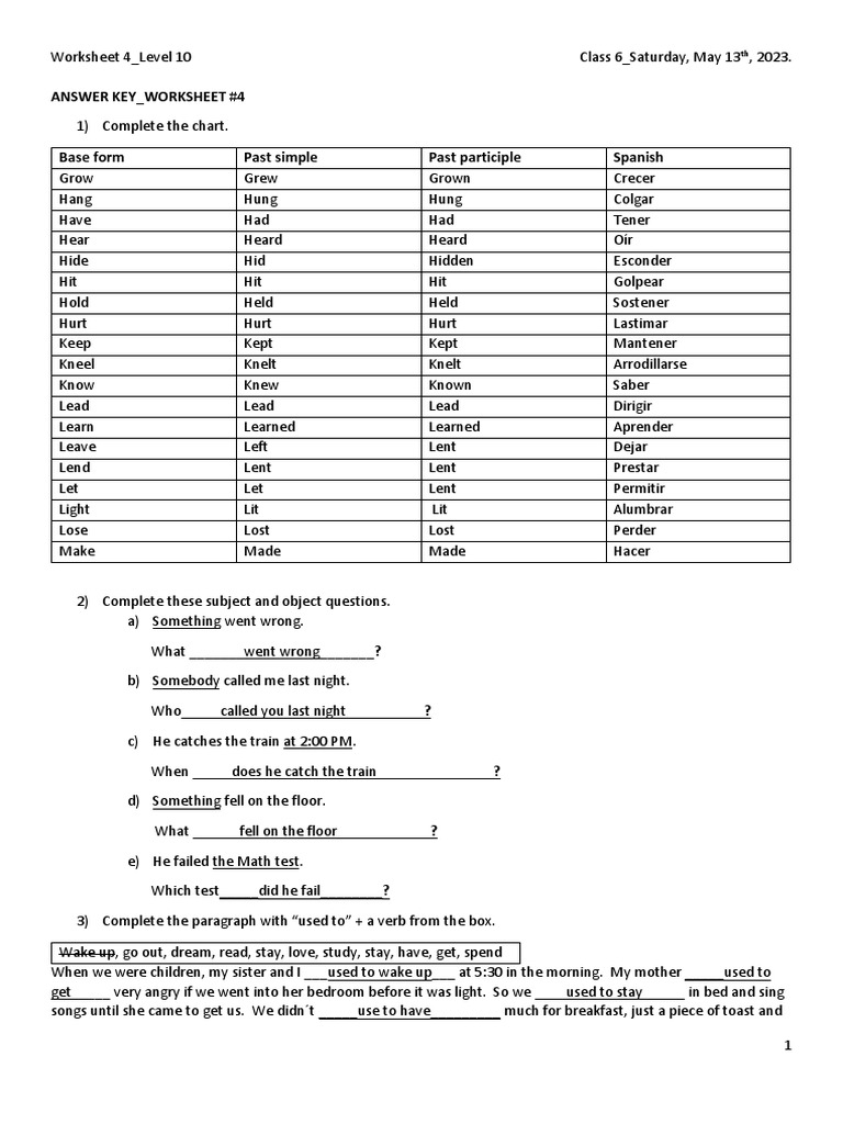Answer Key - Worksheet 4 and Workbook 60-63 | PDF