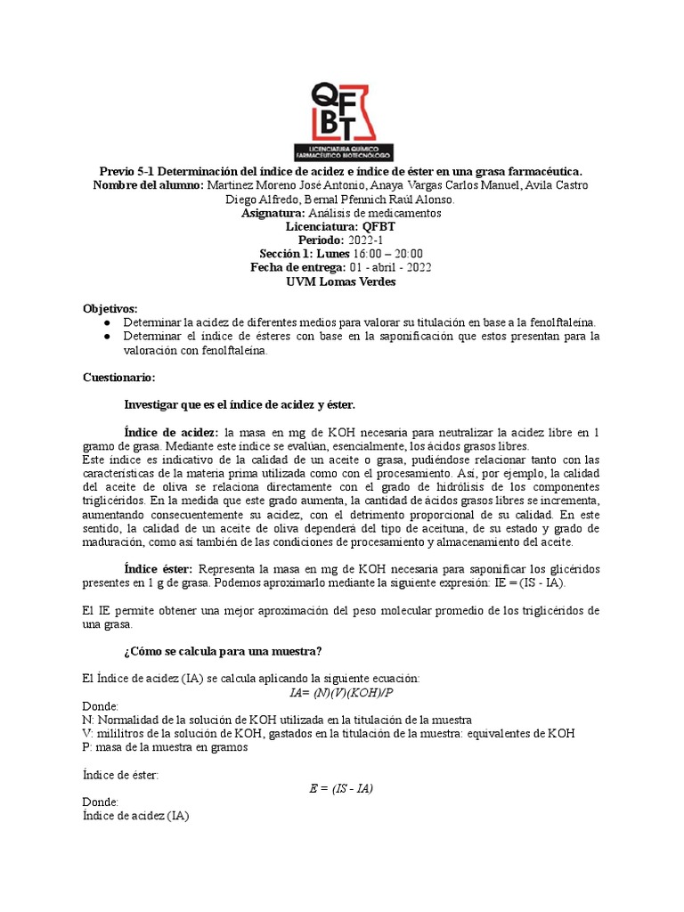 Previo 5-1 Determinación del índice de acidez e índice de éster | PDF ...