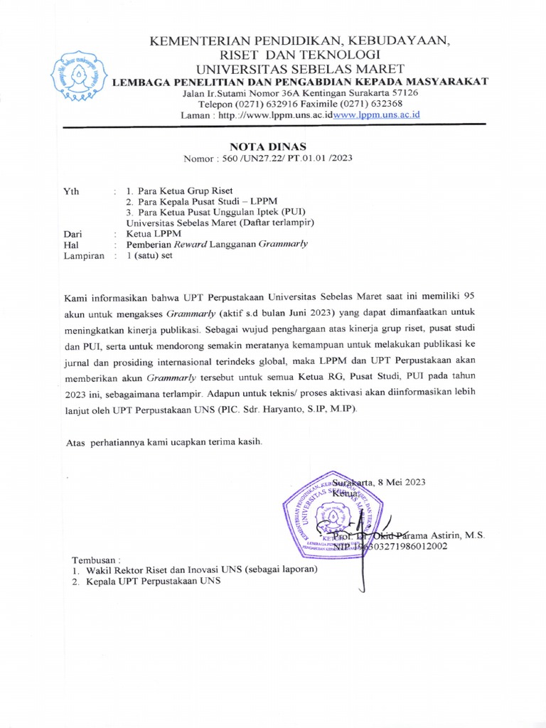 Nomor 560 UN27.22 PT.01.01 2023 - Reward Grammarly | PDF