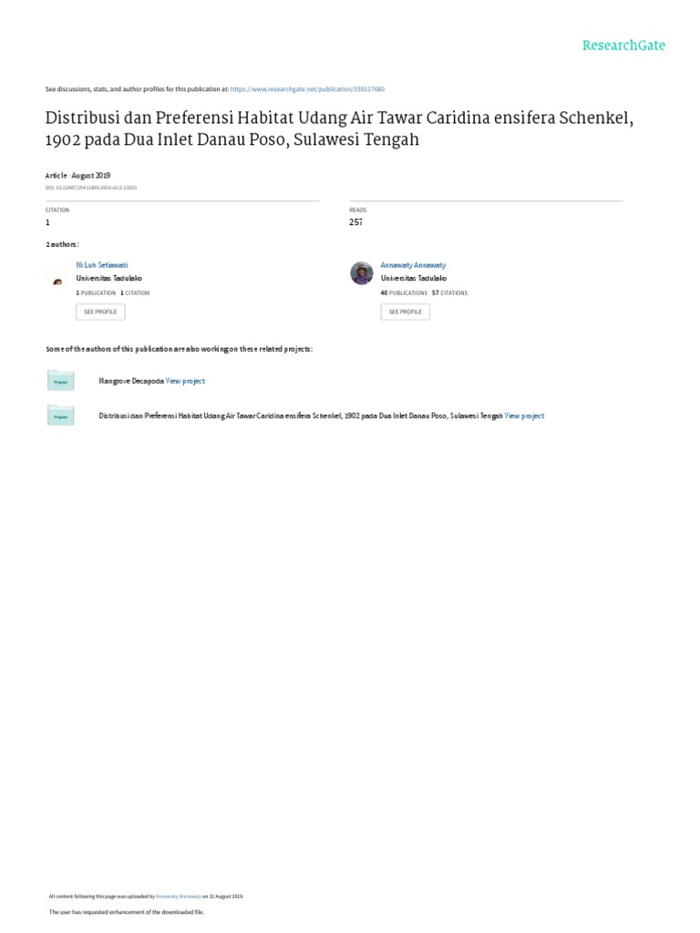 Distribusi Dan Preferensi Habitat Caridina Ensifera Schenkel, 1902 Pada ...