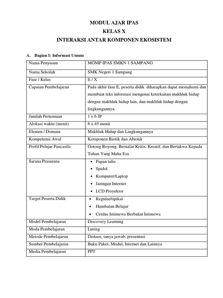 Modul Ajar Interaksi Antar Komponen Ekosistem | PDF