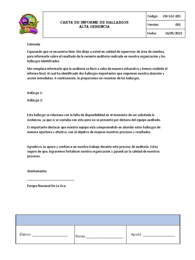 Carta de Informe A Alta Direccion. | PDF