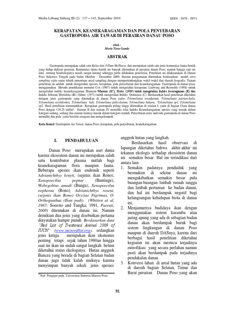 Kerapatan, Keanekaragaman Dan Pola Penyebaran Gastropoda Air Tawar Di Perairan Danau Poso, Gondo ...