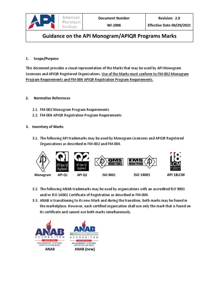 WI-2006 Guidance On The Monogram and APIQR Marks | PDF