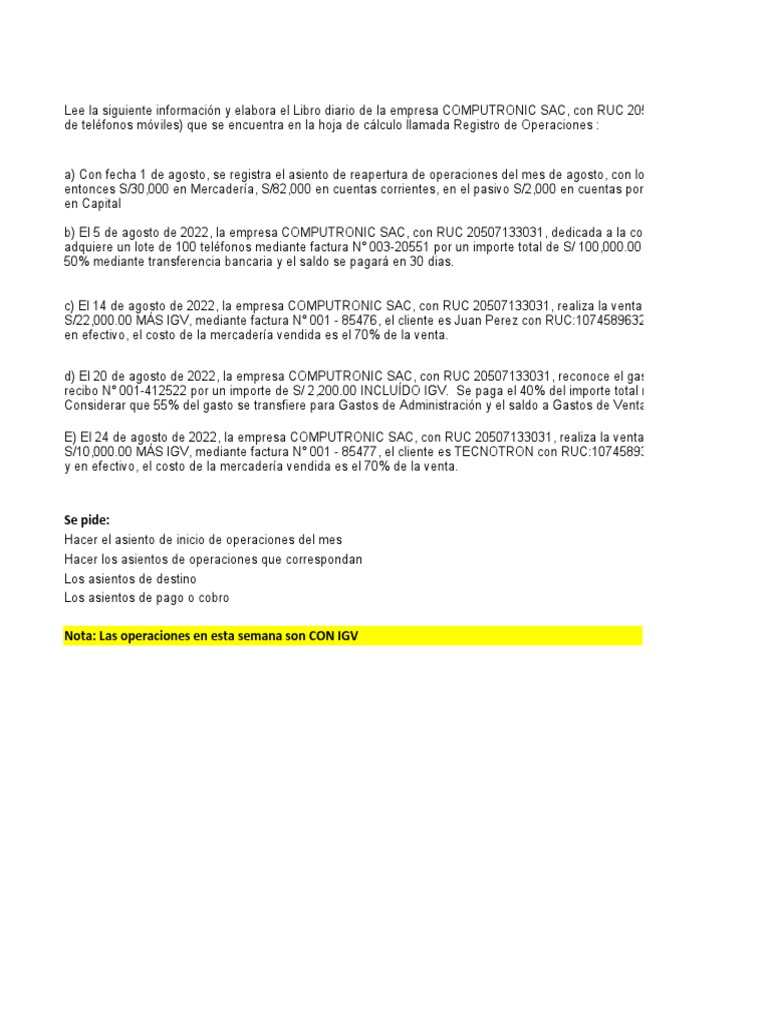 Semana 09 - Excel - Tarea Sobre Registro de Operaciones Contables Con I.G.V | Descargar gratis ...