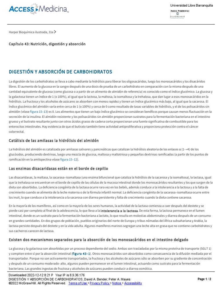 Digestión y Absorción de Carbohidratos | PDF